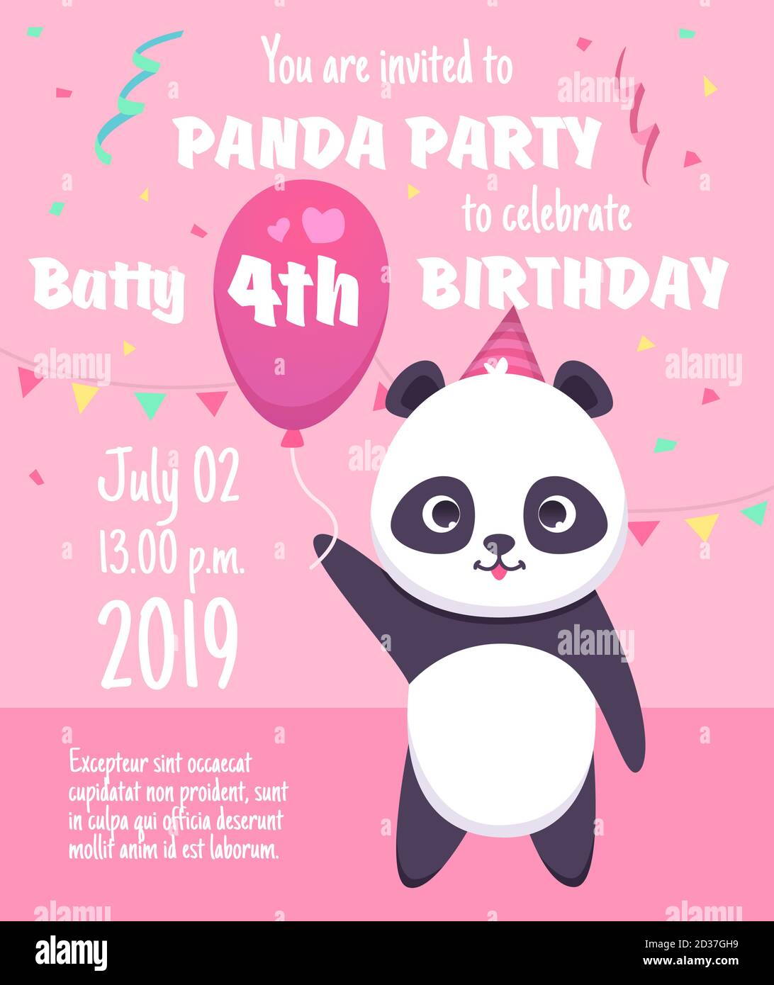 Kids party invitation. Panda characters greeting cards with cute little ...