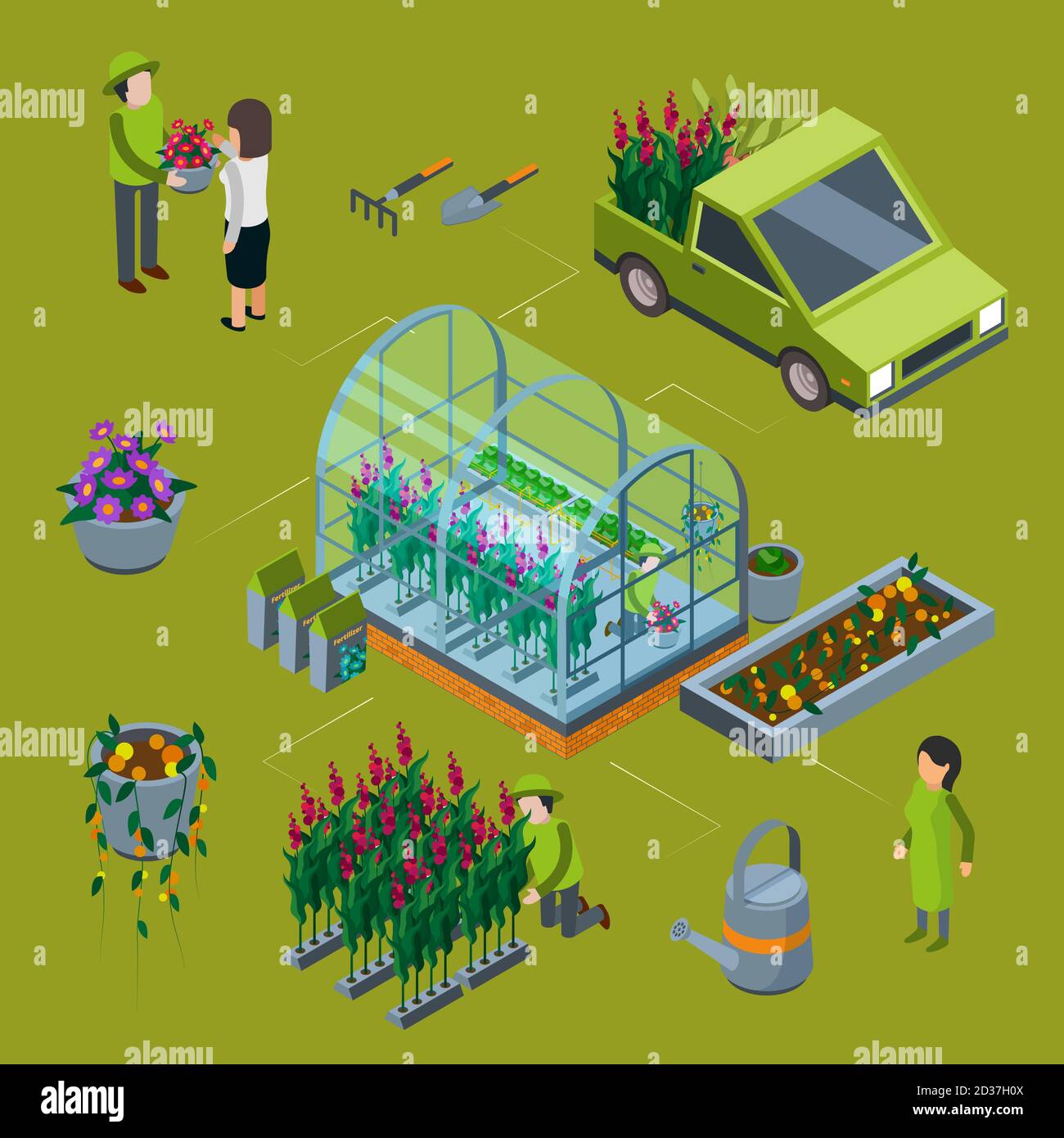 Isometric flower farm vector concept. Floristic 3D illustration Stock ...