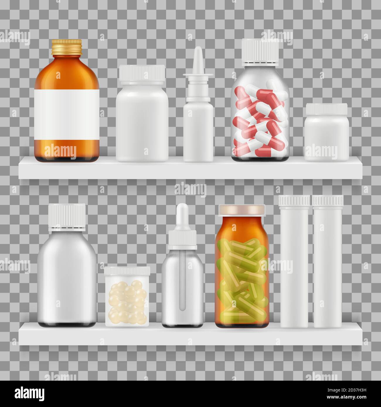 Medications packaging vector realistic bottles on shelf illustration ...