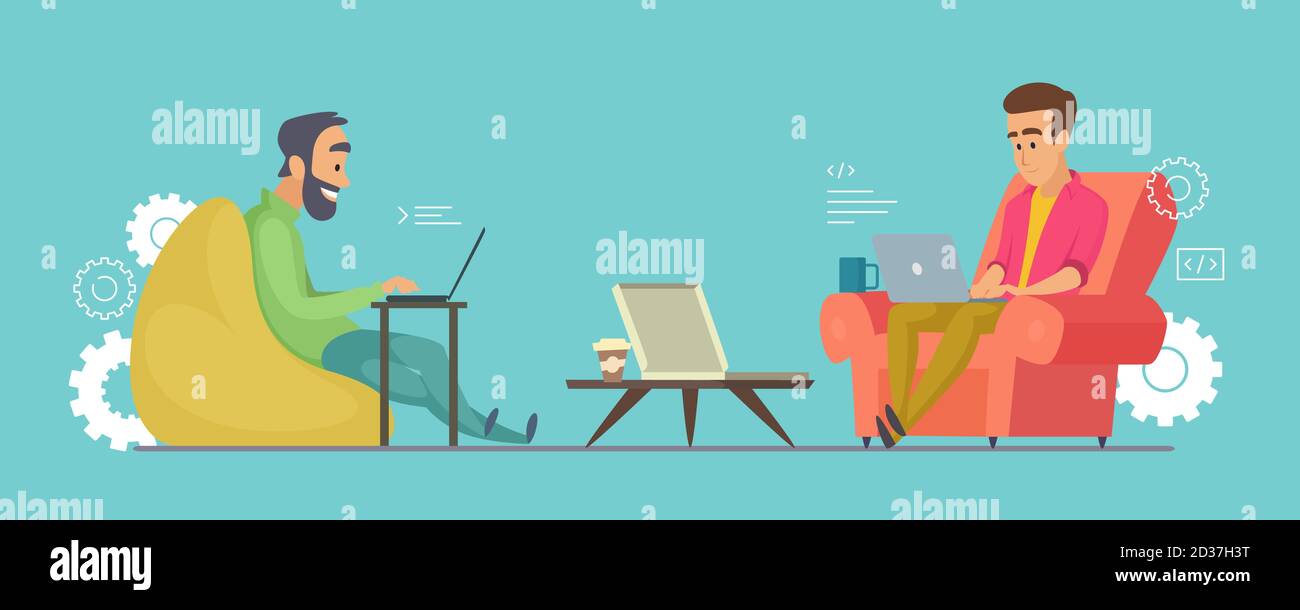 Programmers vector characters. Software developers working on laptops ...