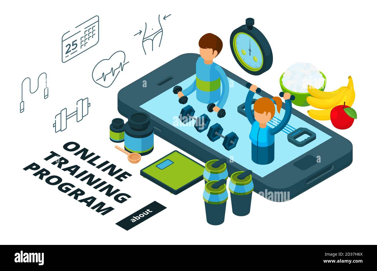Online training and food program. Isometric vector sport app ...