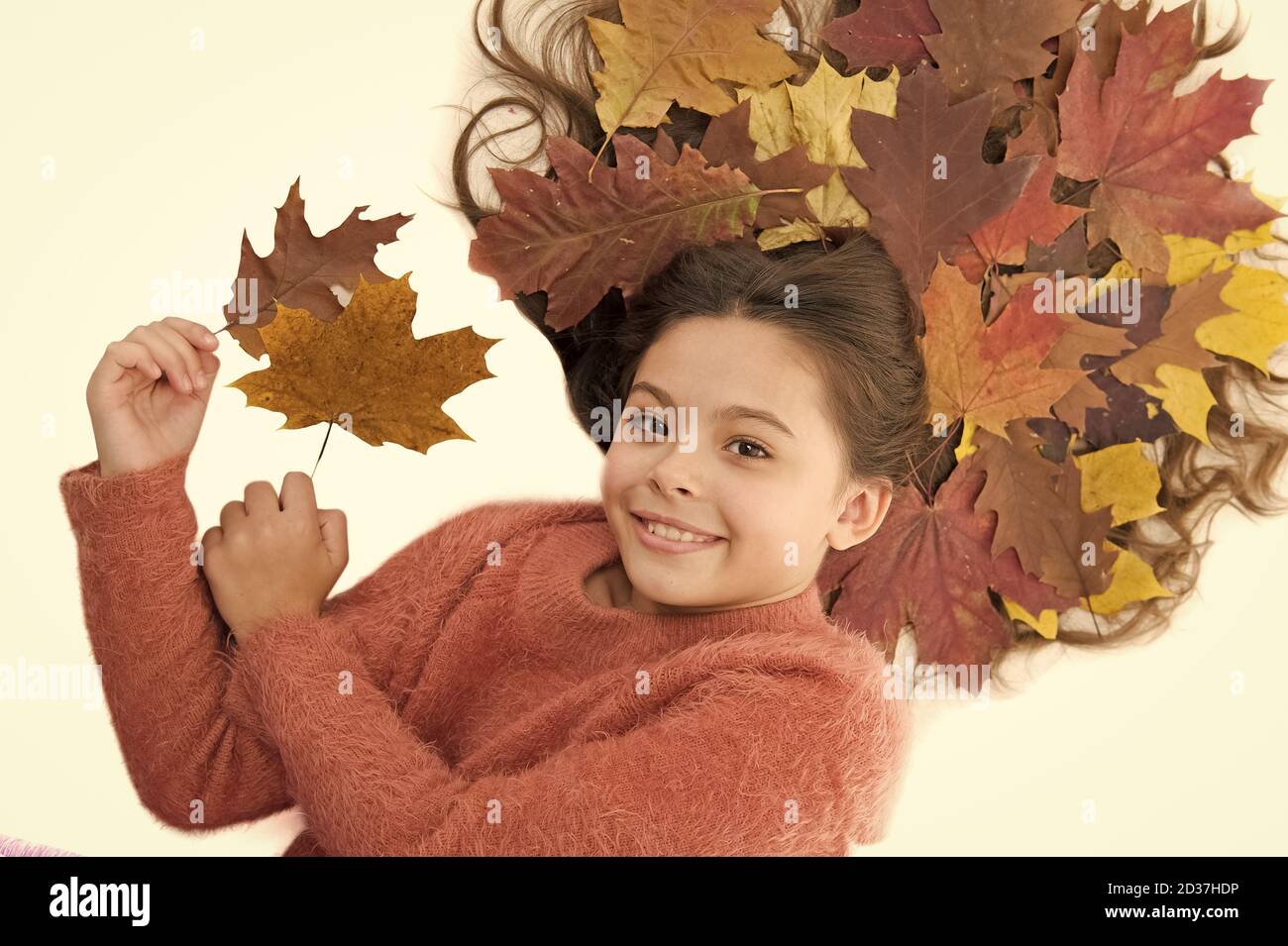 Prevent dry split hair ends. Child enjoy fall season. Girl cute kid long hair lay on white ...