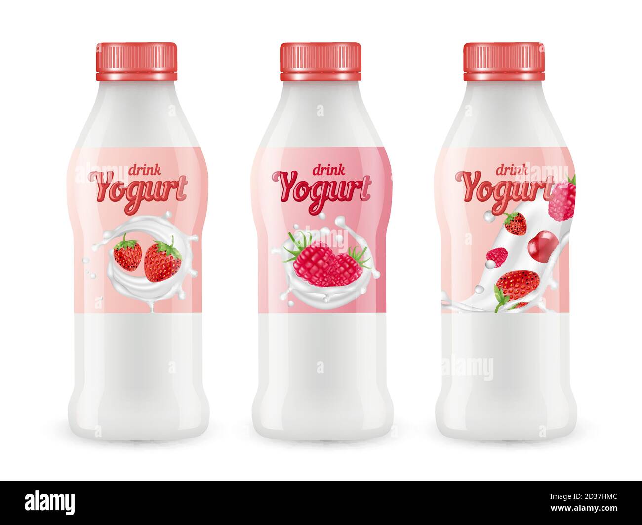 Drink yogurt realistic vector set. Bottles of berry yogurt isolated on ...