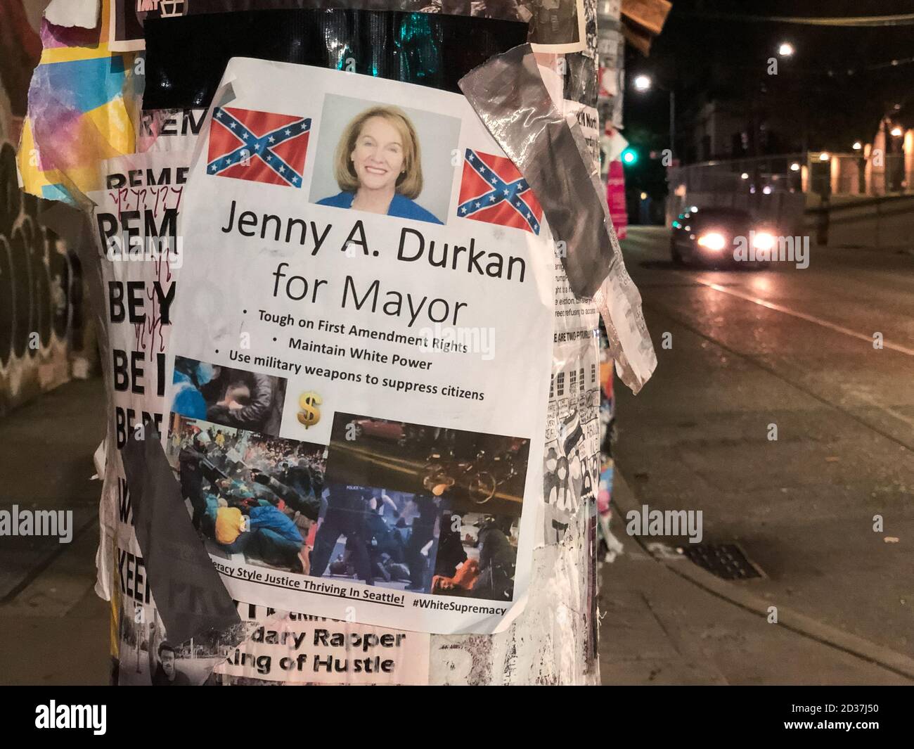 Seattle, USA - Sep - 30, 2020: A flyer targeting Jenny Durkan posted in ...