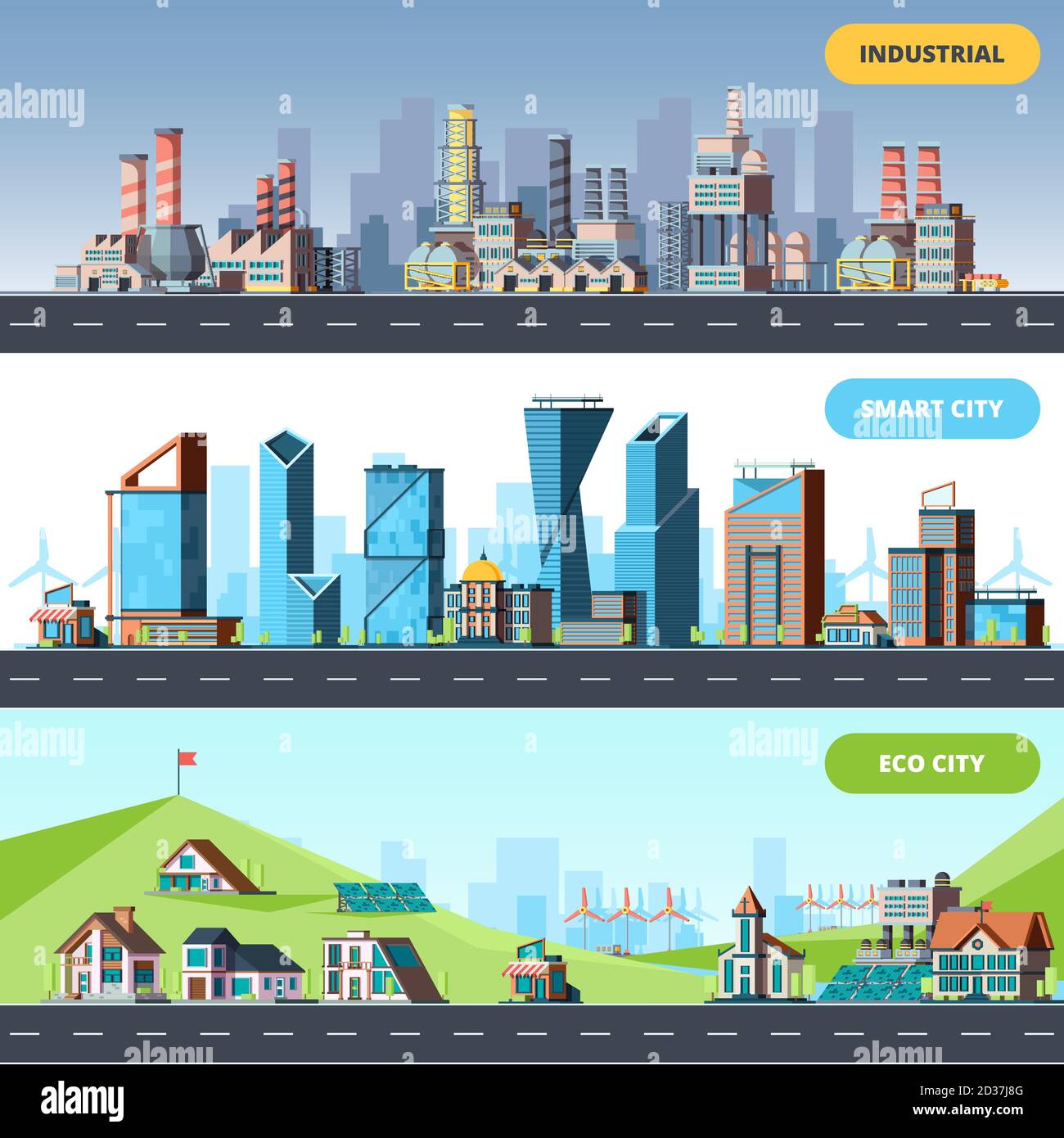 Town flat. Ecology industrial smart city architectural objects ...