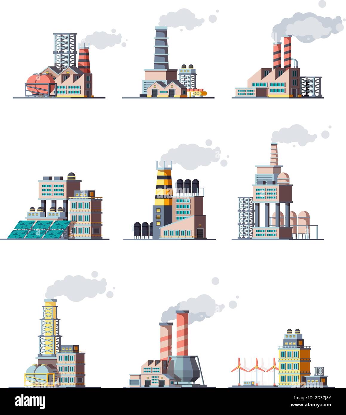 Factory. Industrial buildings smoke modern plants vector flat ...