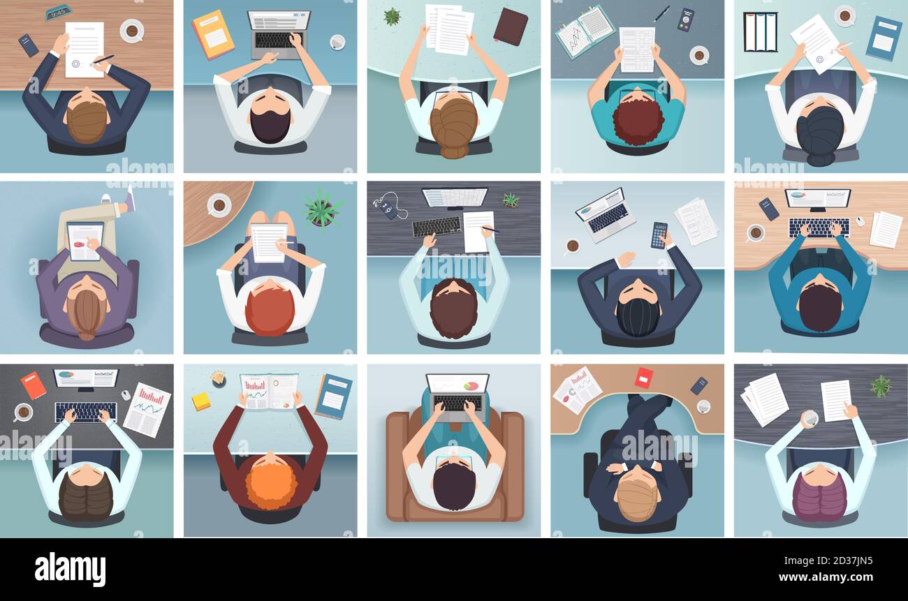 People top view. Business characters sitting at the table standing ...