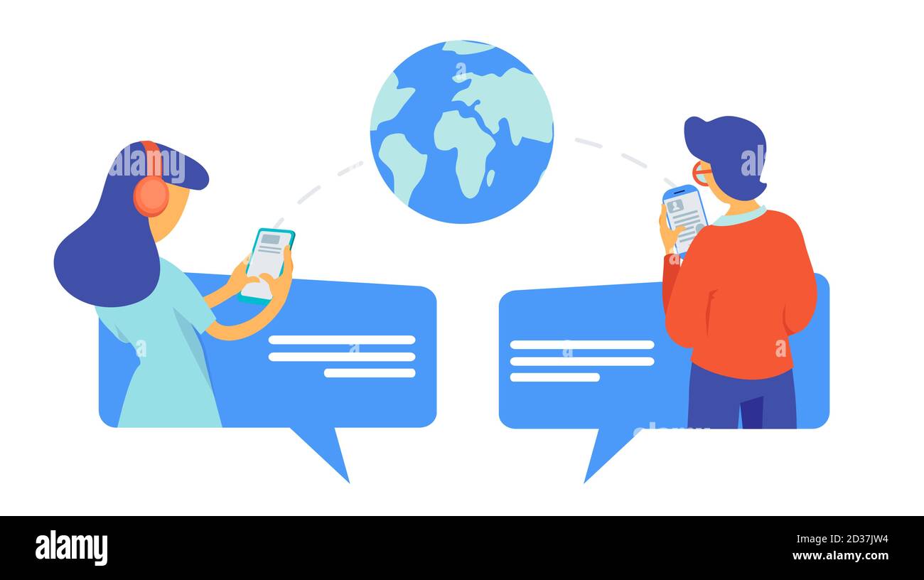 Young people chatting. Vector global information transfer illustration ...