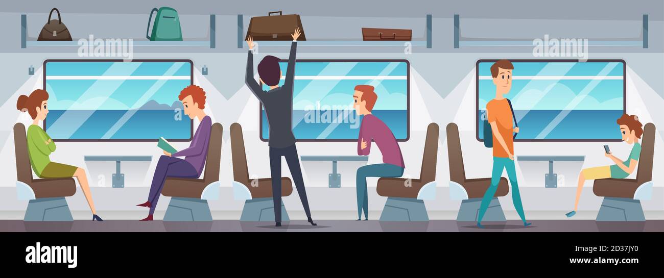 Train interior. People inside subway transport metro trains vector ...