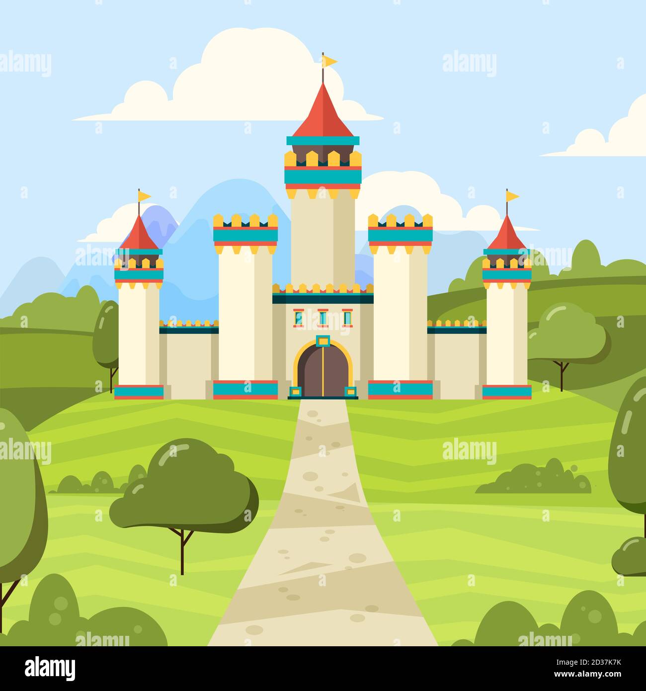 Fairy tale background with castle. Majestic building palace with towers ...