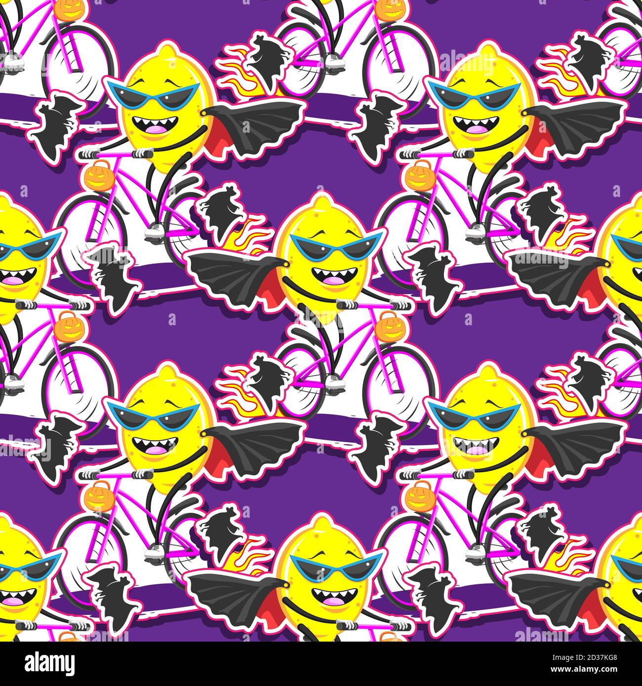 seamless pattern cartoon lemon in sunglasses raincoat bat on bike rides ...