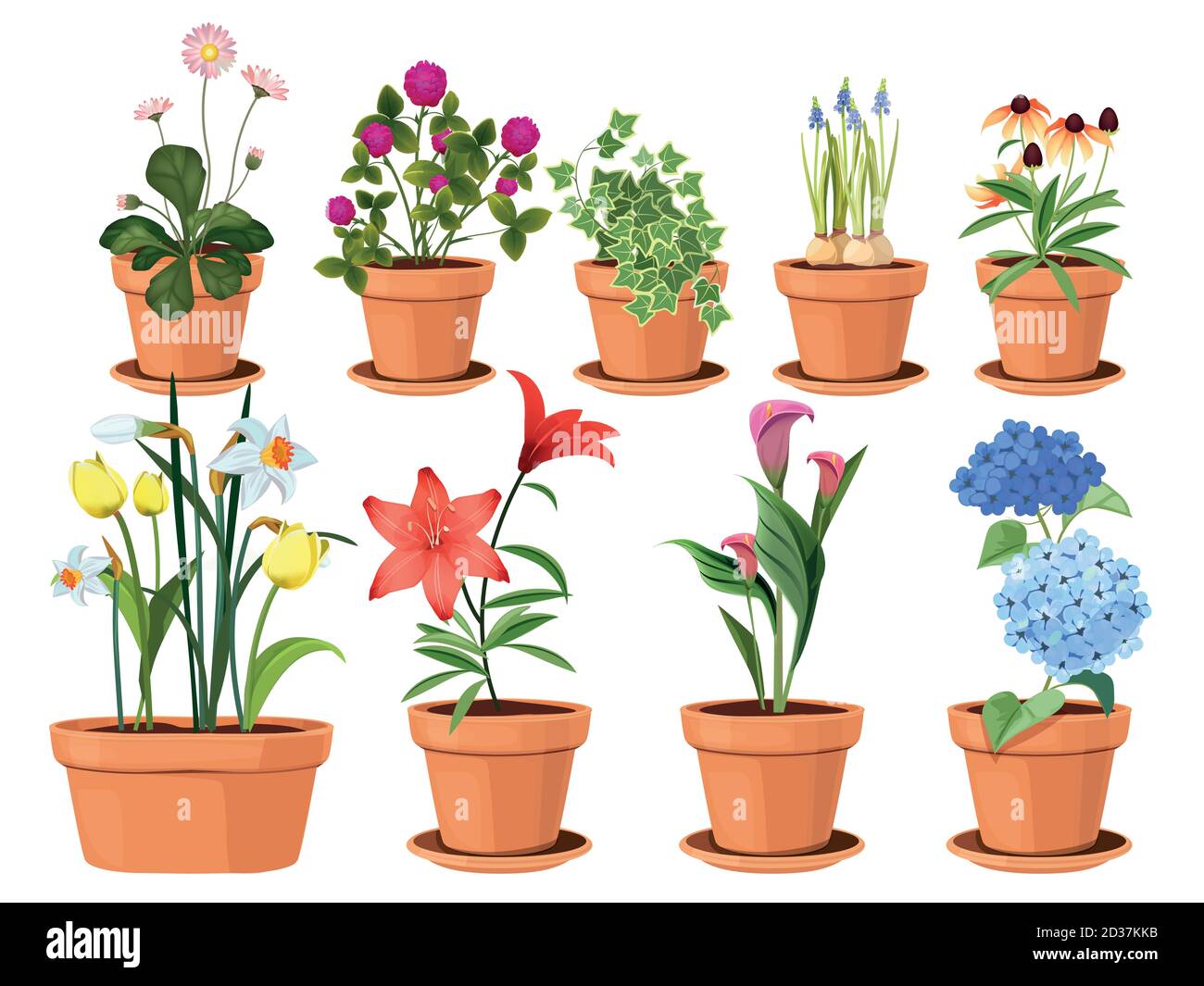 Flowers pot. Nature cartoon vector illustration of flowers and leaves ...