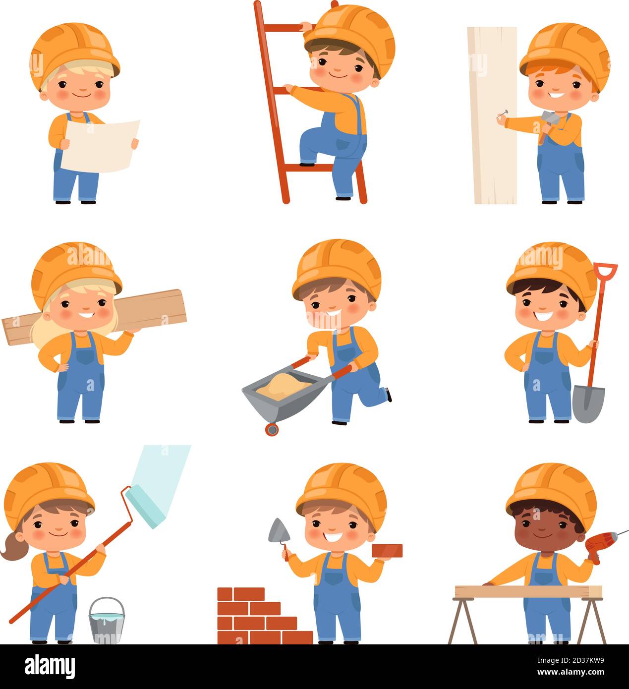 Little builders. Childrens with construction tools making job working ...