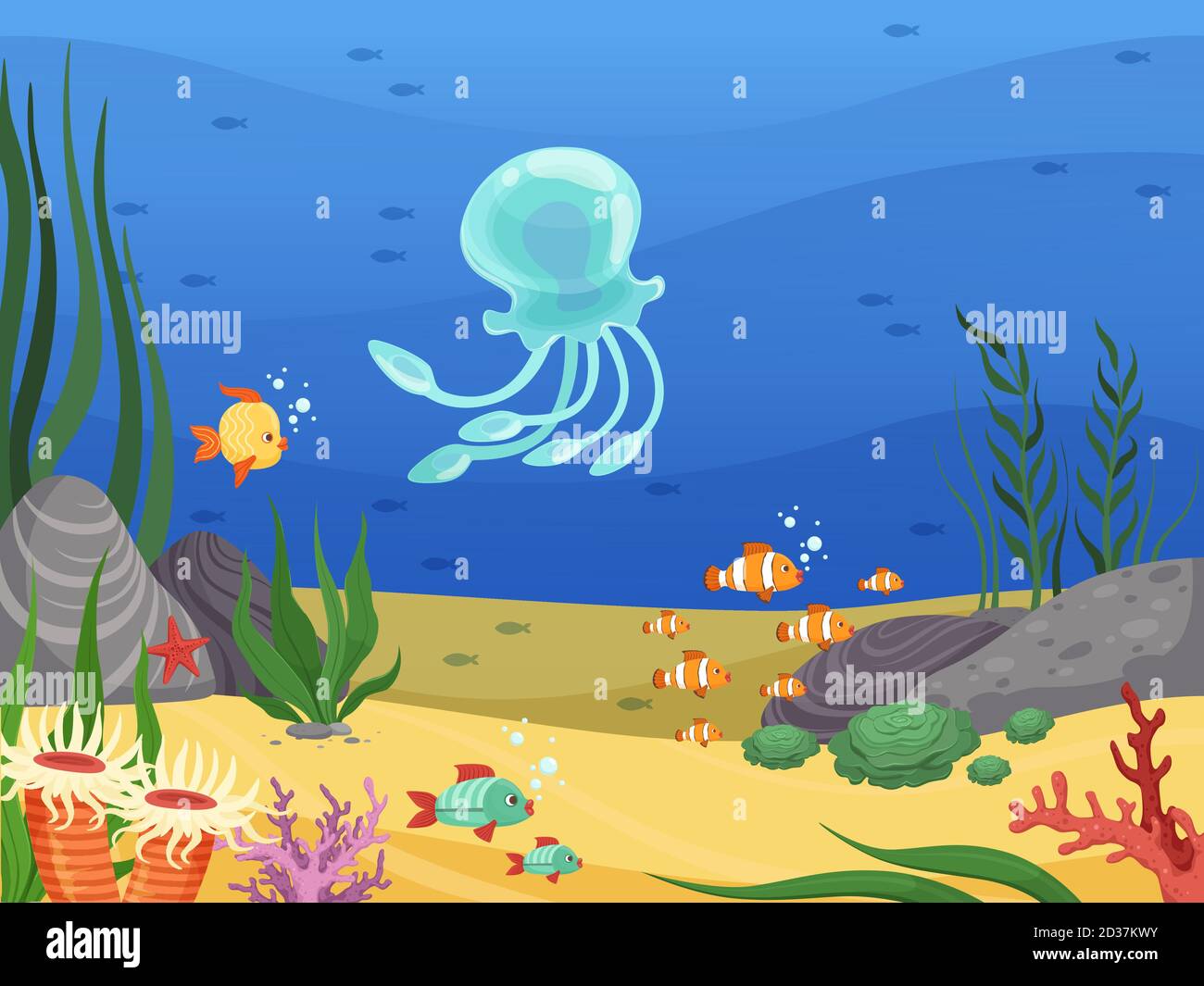 Underwater. Sea life background with fishes and water plants algae ...