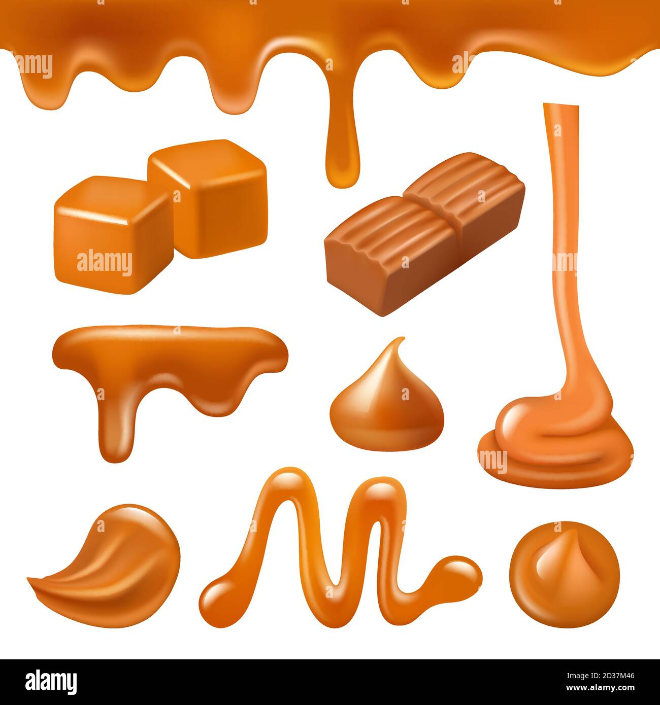 Caramel liquid. Drops and splashes from candy and caramel sweet creamy ...