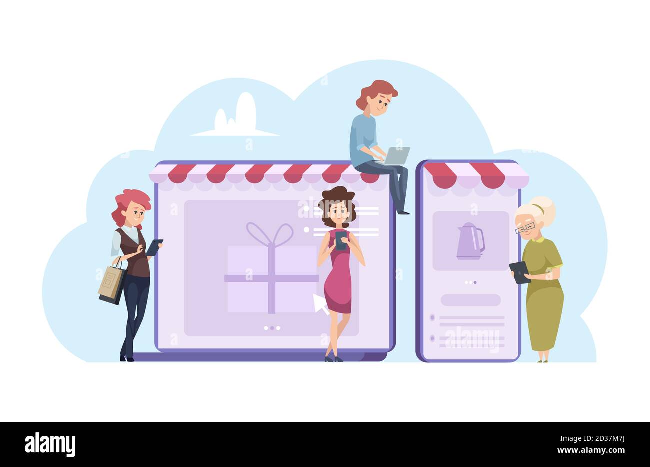 Female online shopping. Vector cartoon women with laptop, smartphones ...