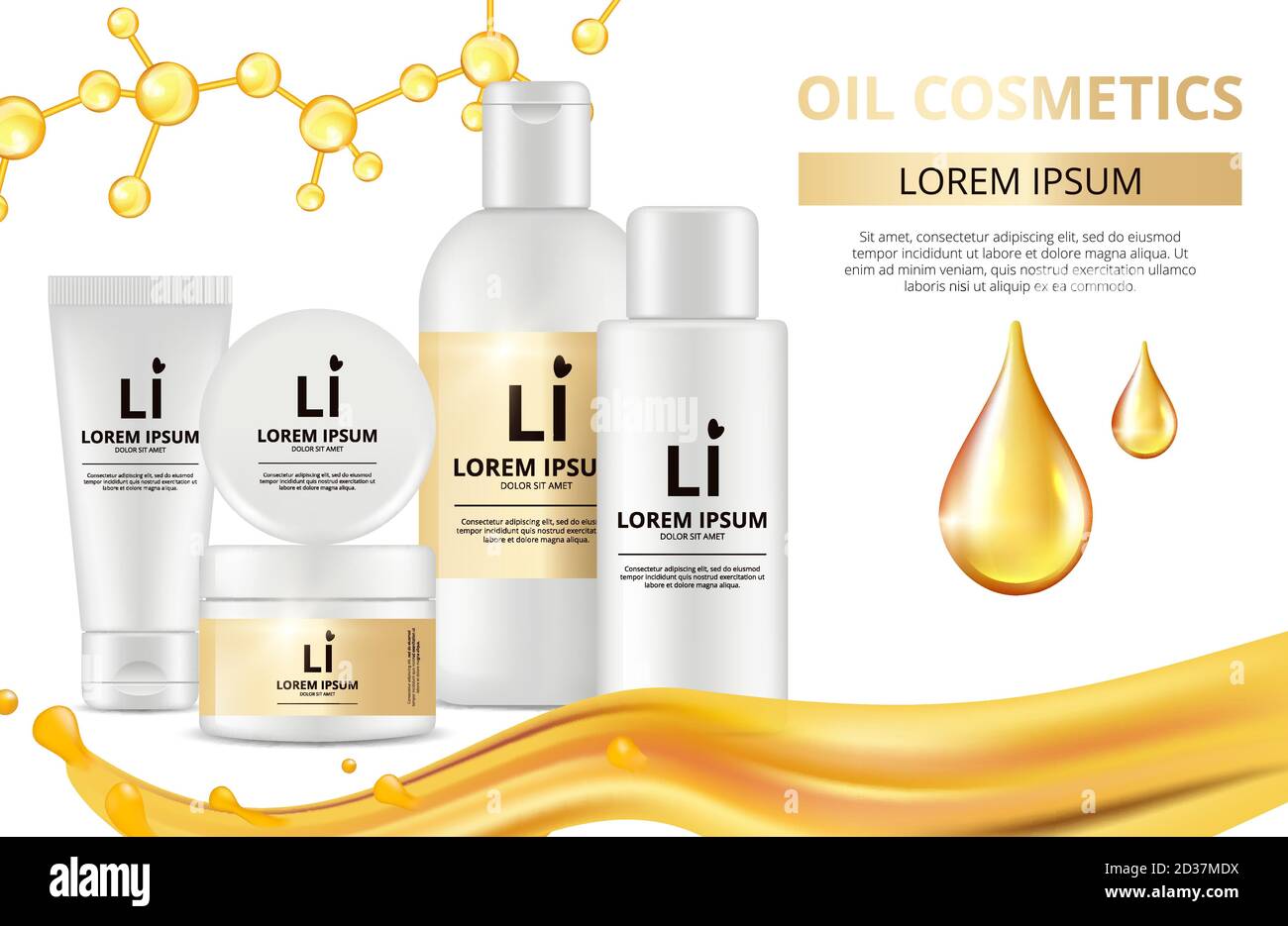 Oil cosmetics bottles. Vector realistic packaging, essential gold oil ...