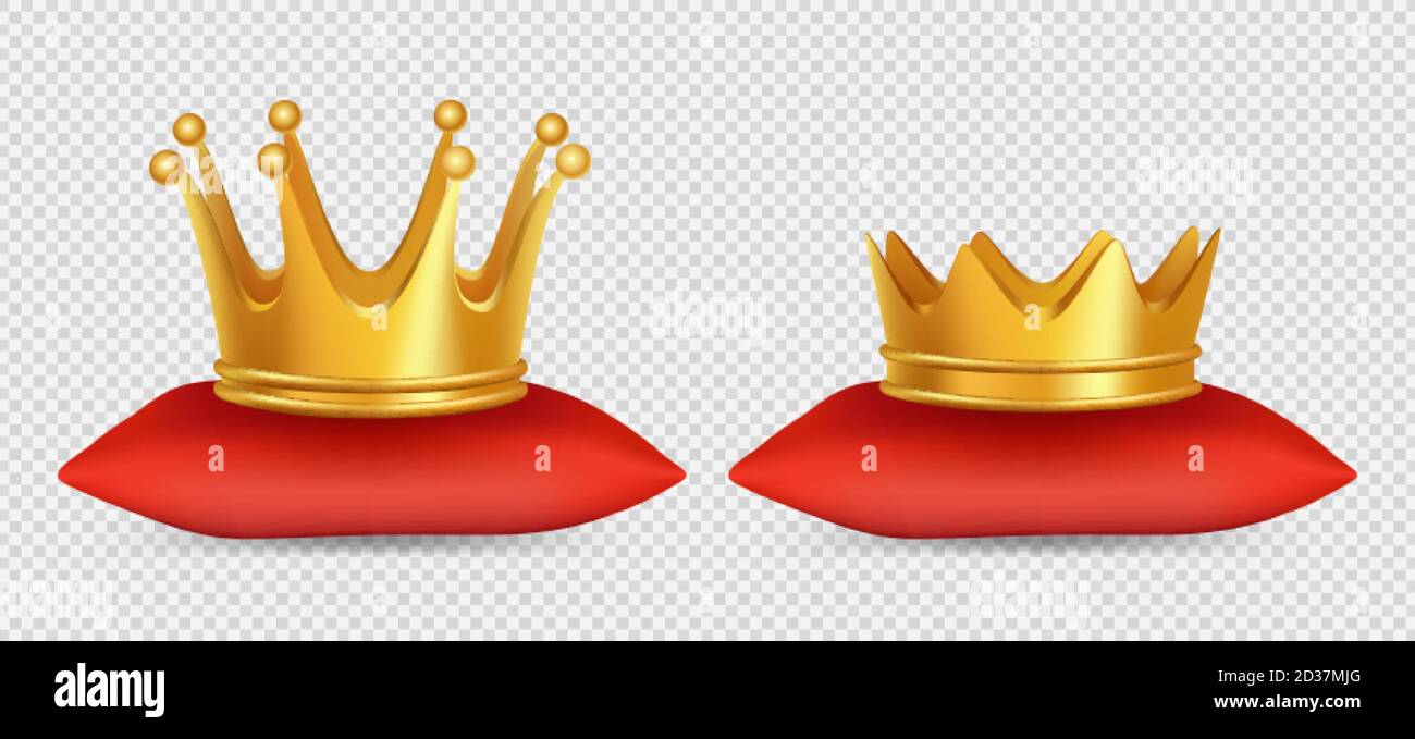 Realistic Gold Crowns Vector King And Queen Crowns On Red Pillow