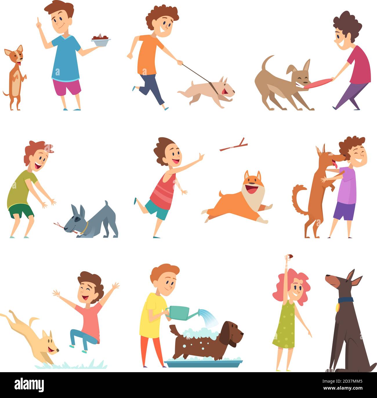 Pets and kids. Happy little puppy dogs and their owners hugging playing ...