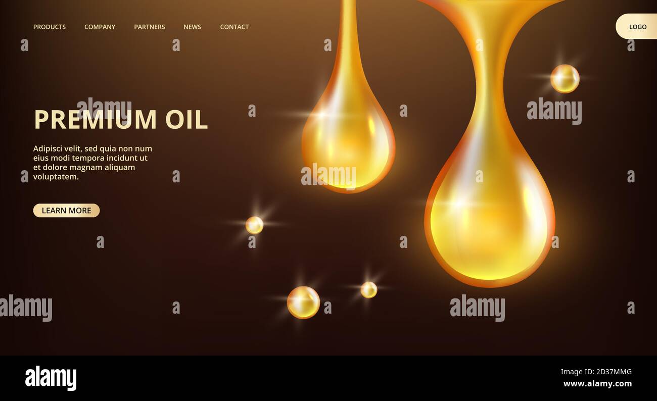 Essential oil landing page. Vector shine flowing drops web banner ...
