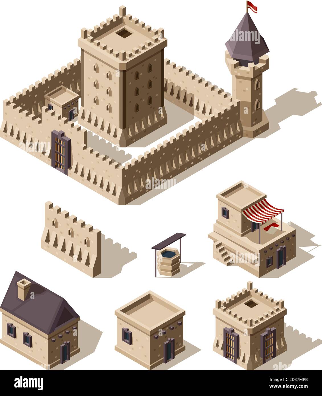 Castles isometric. Medieval historical cartoon architecture buildings ...