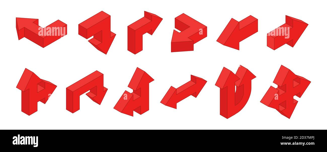 3D arrows. Isometric red multidirectional arrows vector set Stock ...