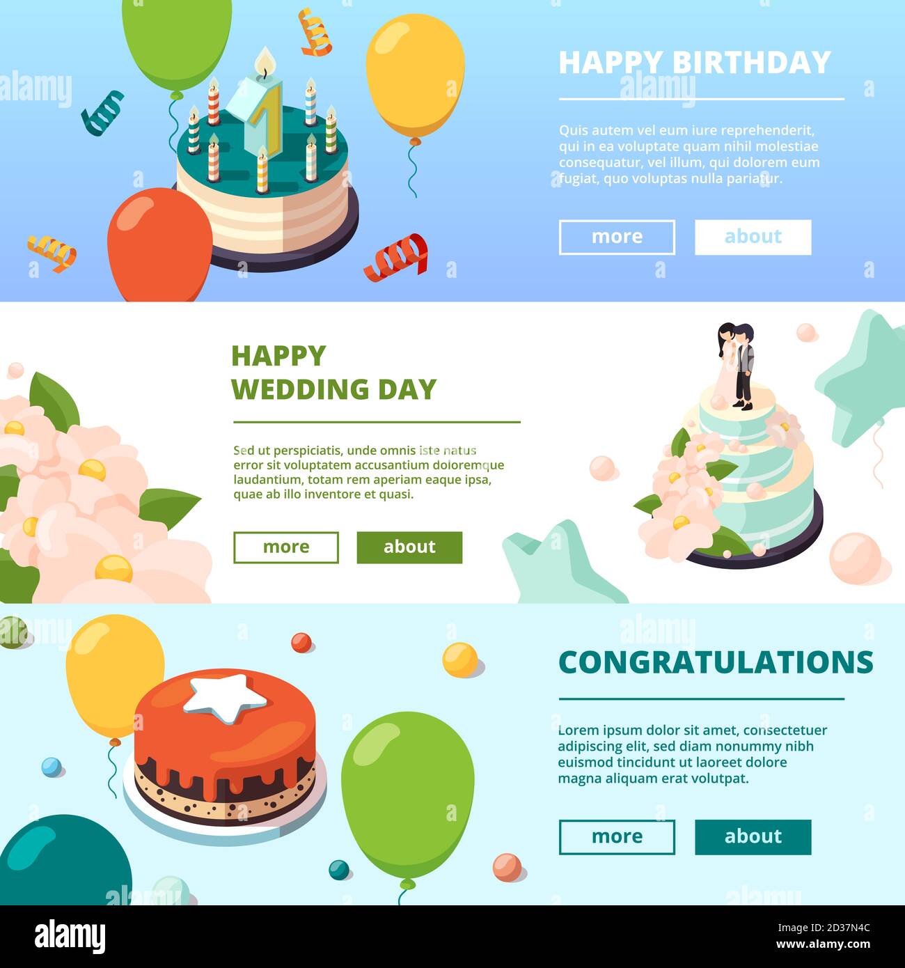 Party banners. Birthday cakes colored pictures children event ...