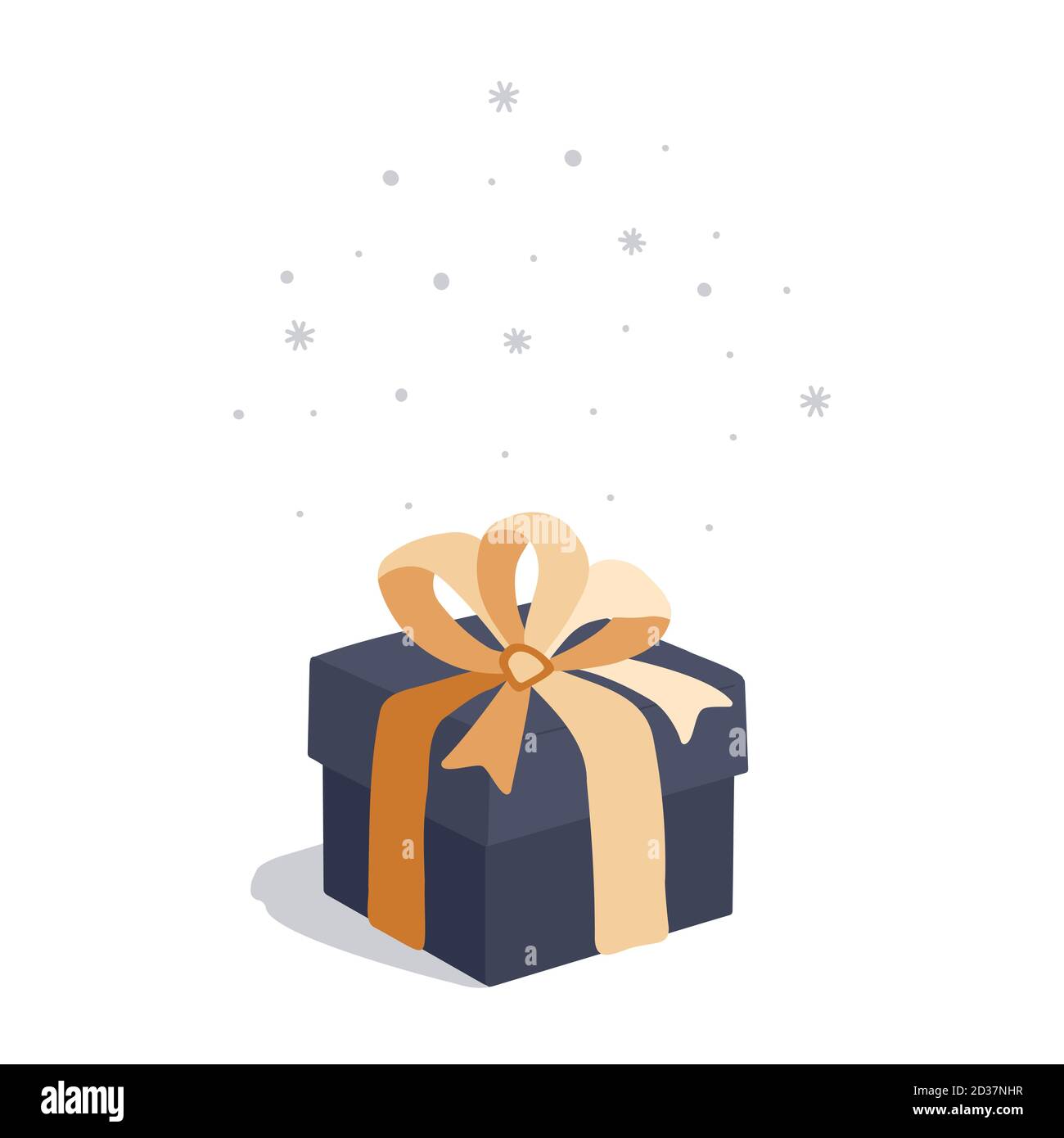 Vector illustration. The festive box is tied with a yellow ribbon and ...