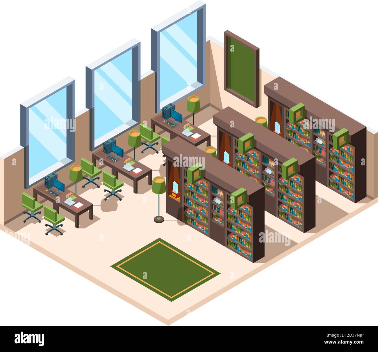 Library interior. University school room with bookshelves librarian ...