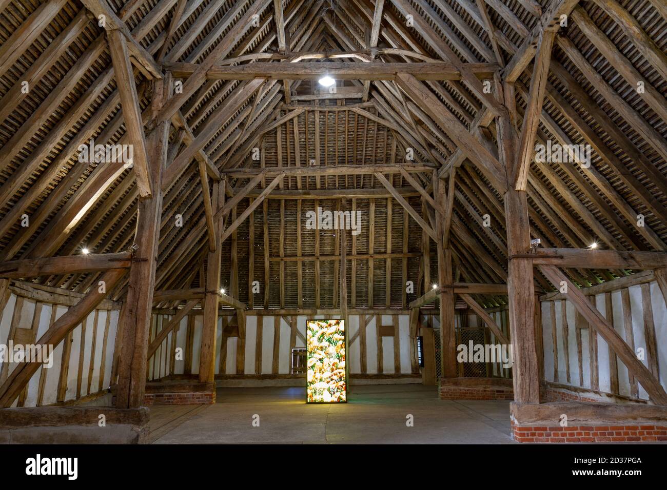 General view inside the Wheat Barn, Cressing Temple Barns, an ancient ...