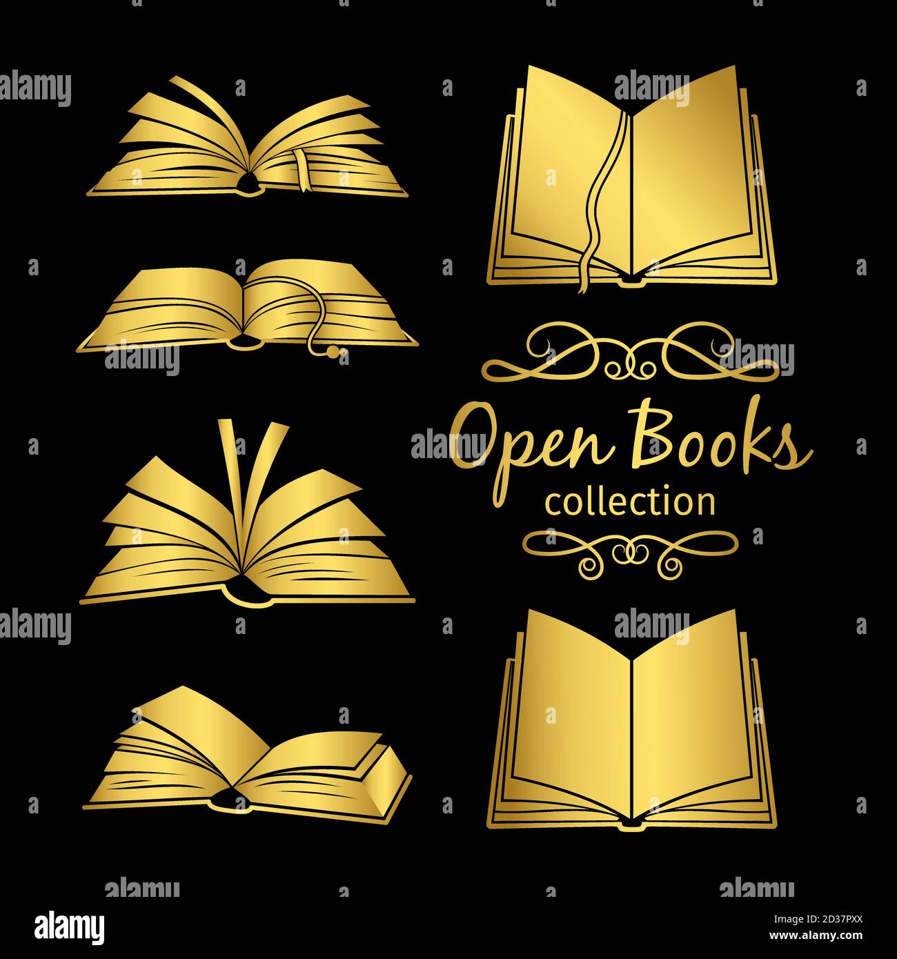 Golden open books icons vector isolated on black background Stock ...