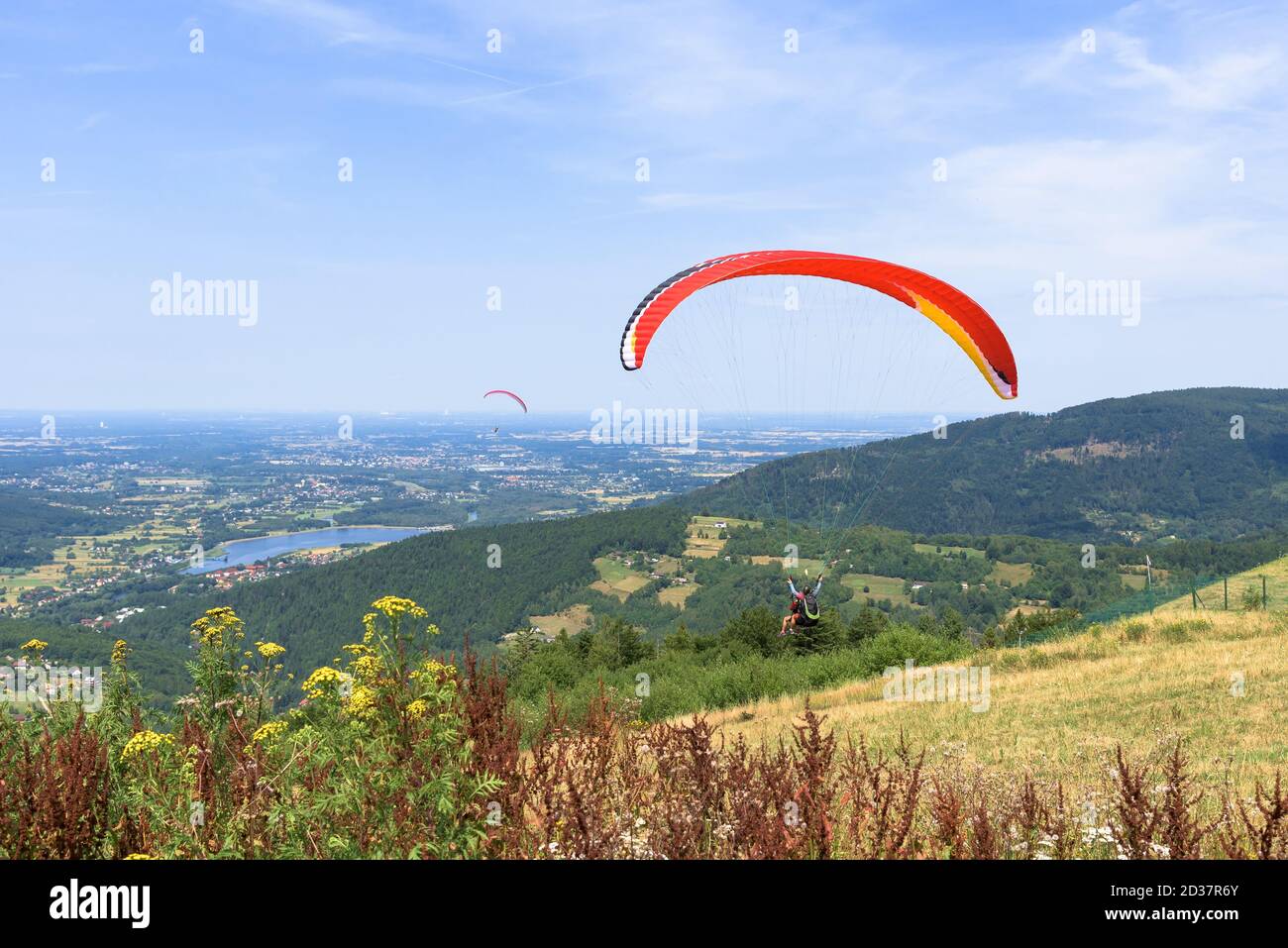 Paragliders start their flight on Zar mountain near Zywiec in southern ...