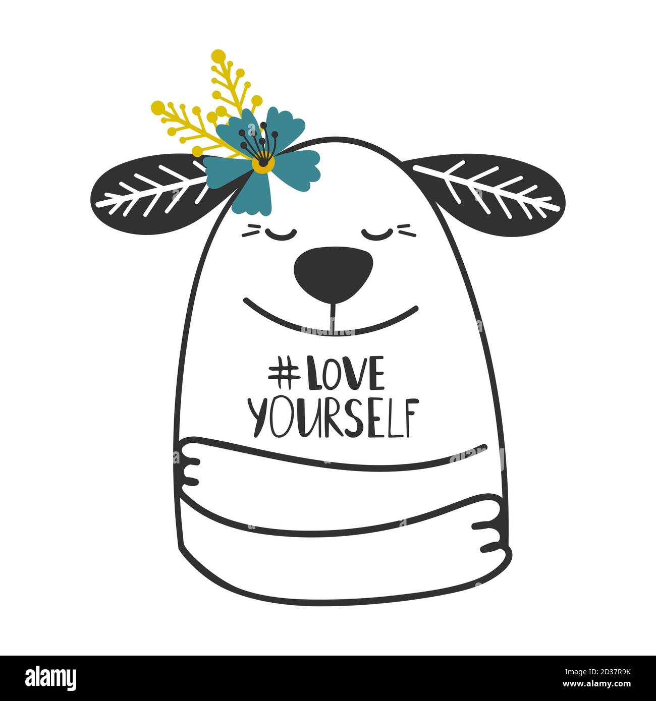 Cute doodle dog girl print with hashtag Love yourself vector ...
