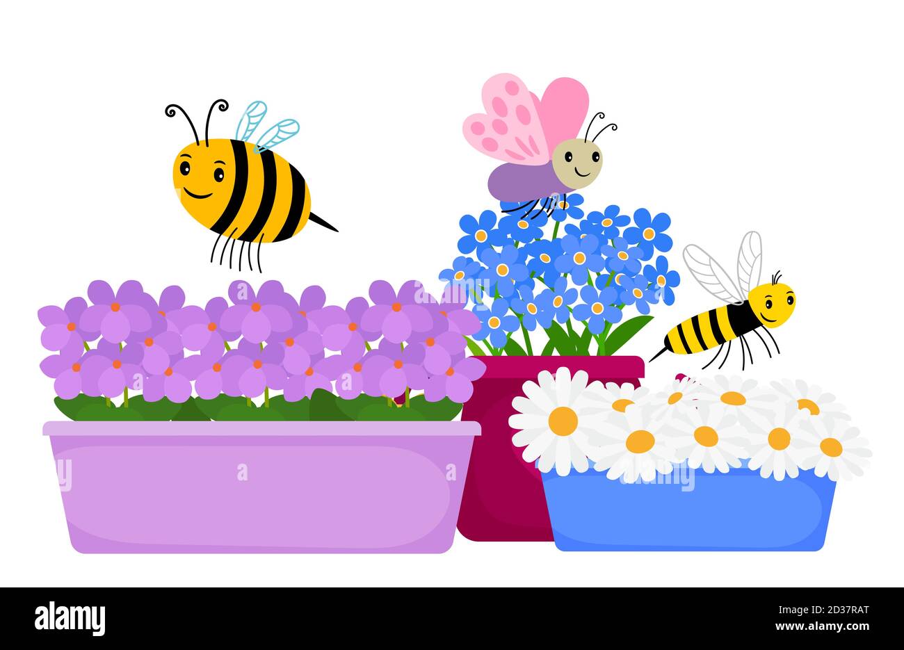 Blossom flowers in pots and cute cartoon insects - spring, summer ...