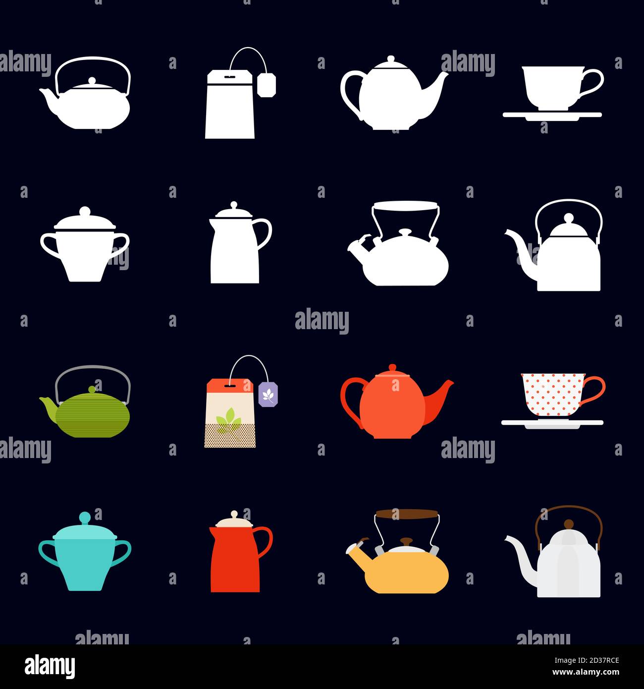 Tea time vector icons collection with cups, teapots, teabag Stock ...