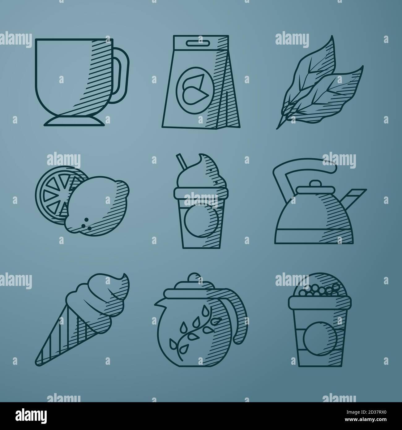 icon set of tea and lemon over blue background, line style, vector ...