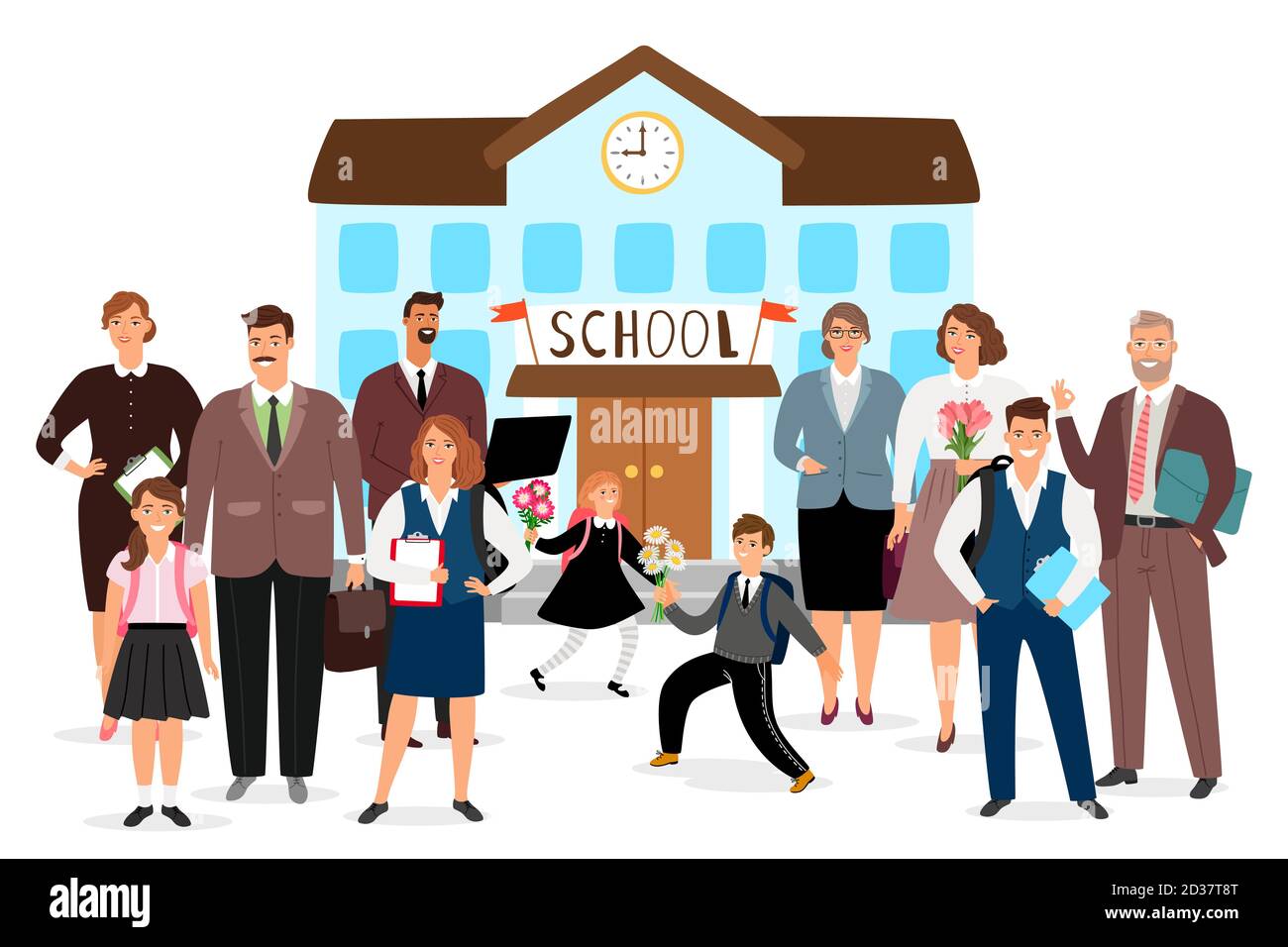 School building, teachers and students vector illustration. College ...