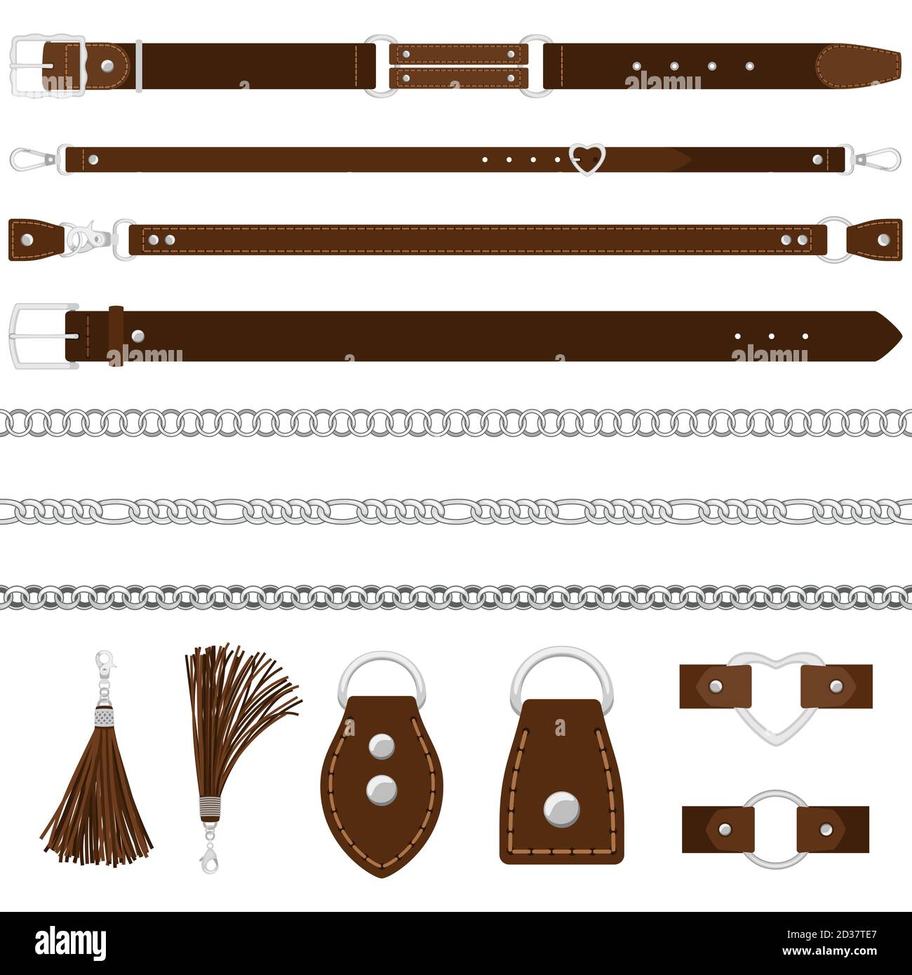 Vector leather belts, silver chains, colars isolated on white ...