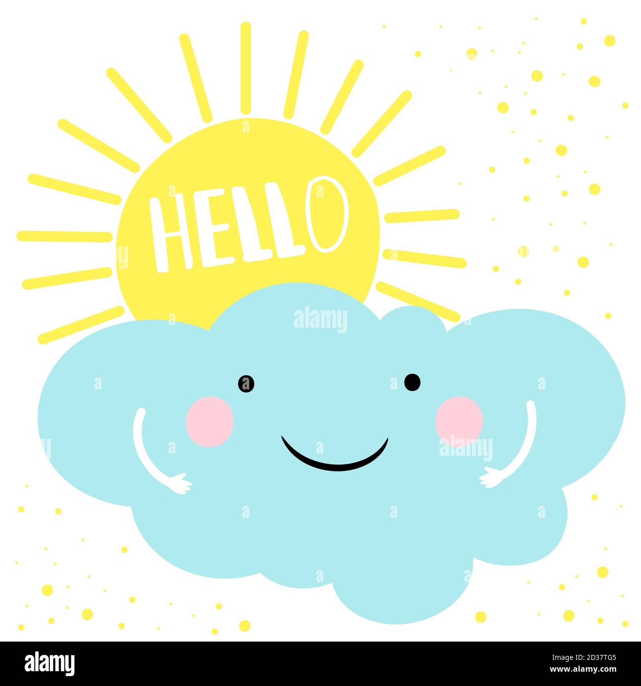 Hello summer or spring printable card vector template with cute cartoon ...