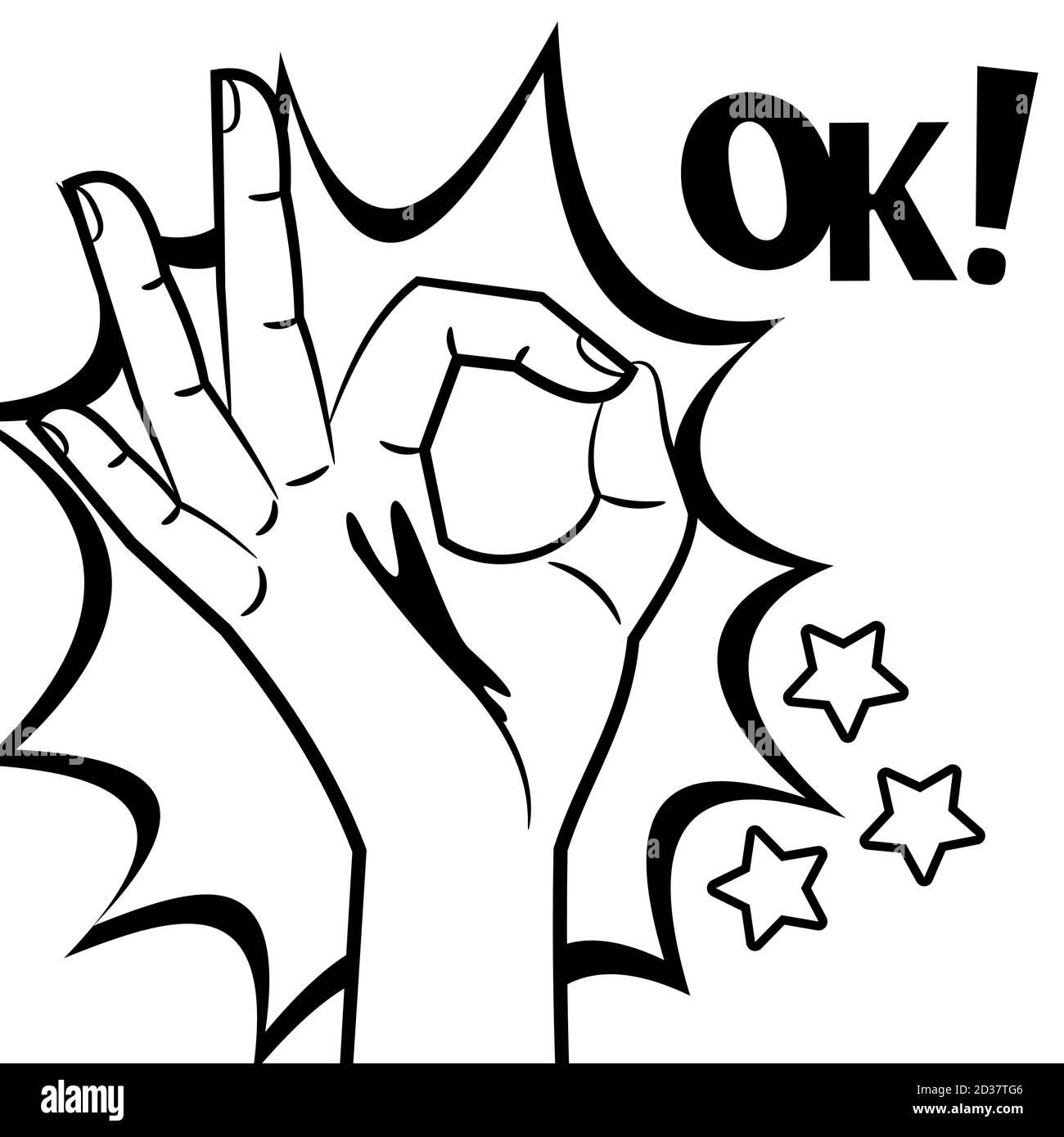 Comic style hand OK sign black and white vector design. Illustration of ...