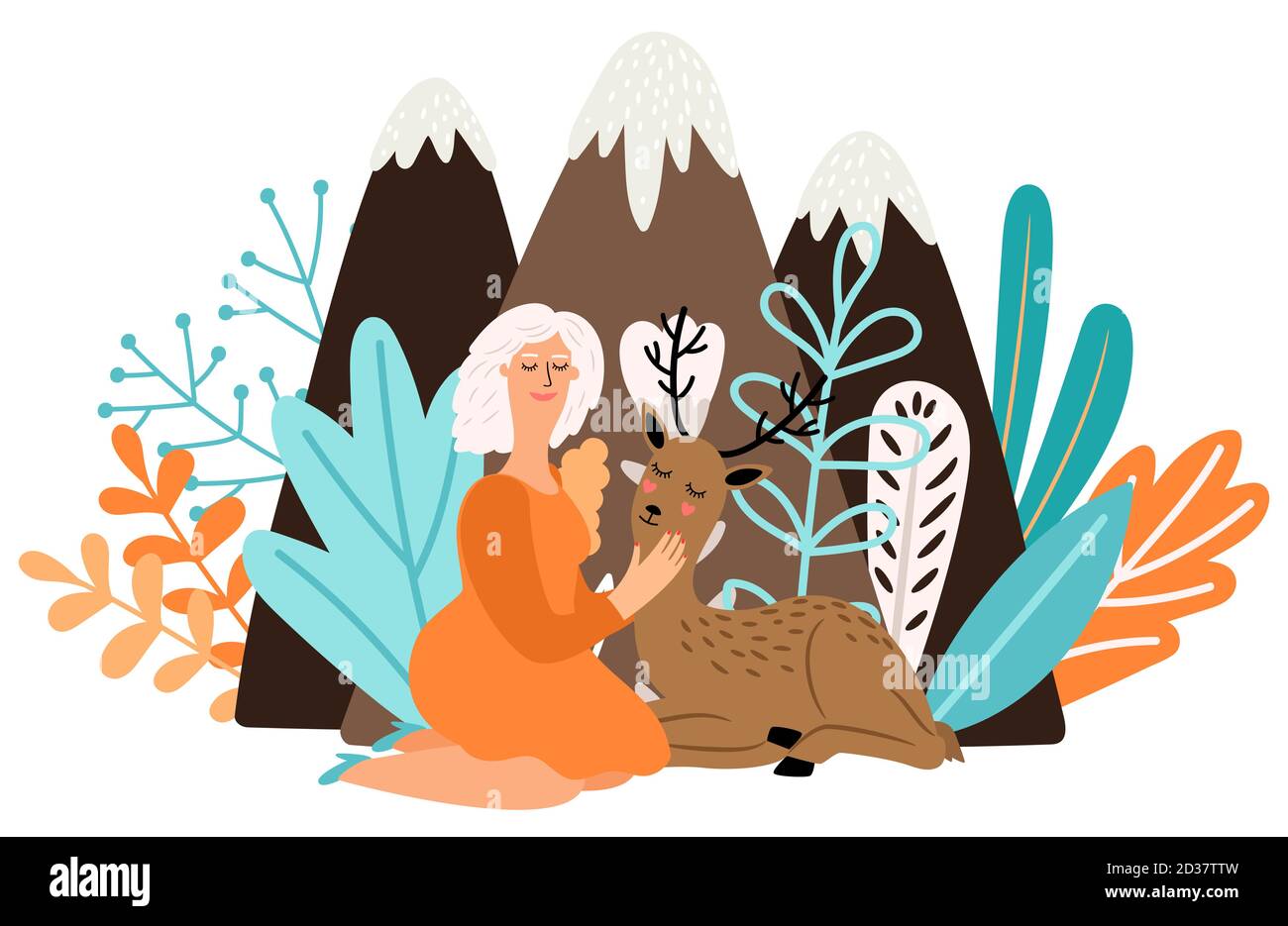 Girl with deer animal. Cartoon pretty woman with beautiful baby deer in ...