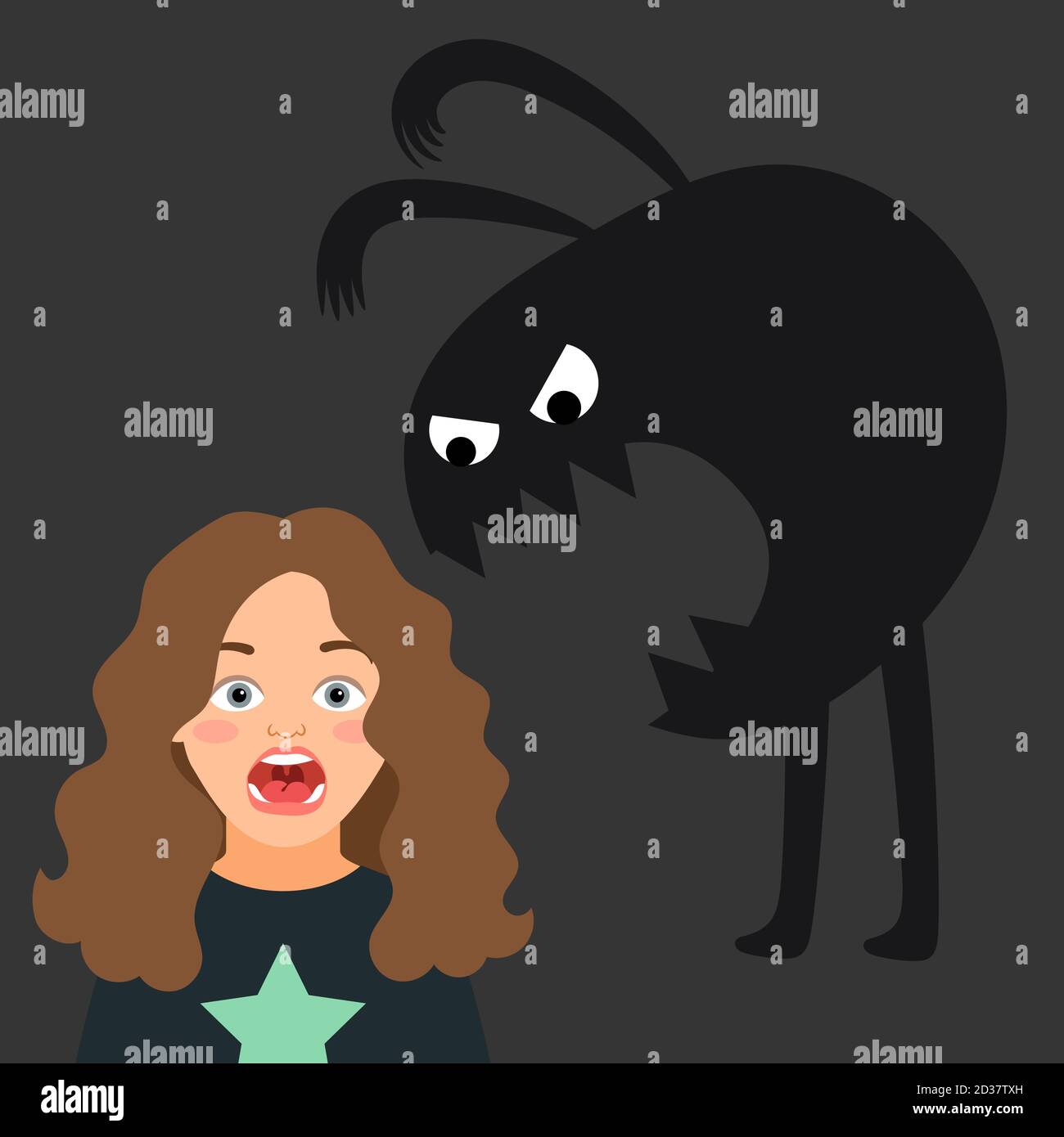 Scared girl, kids fear and monster silhouette vector illustration ...