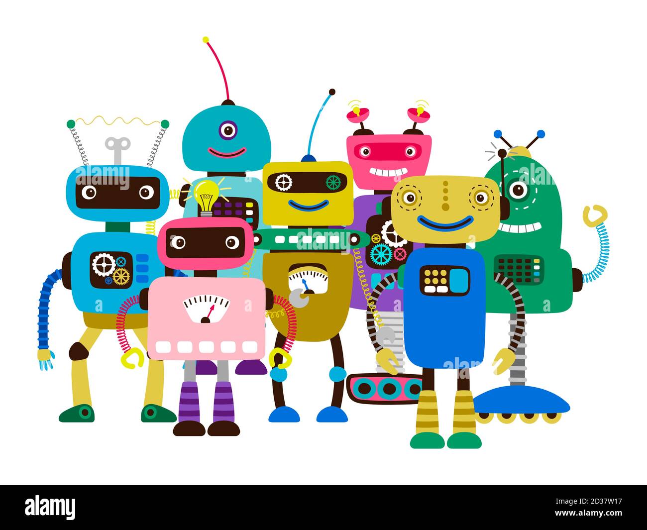 Group of cute cartoon character robots vector illustration Stock Vector ...