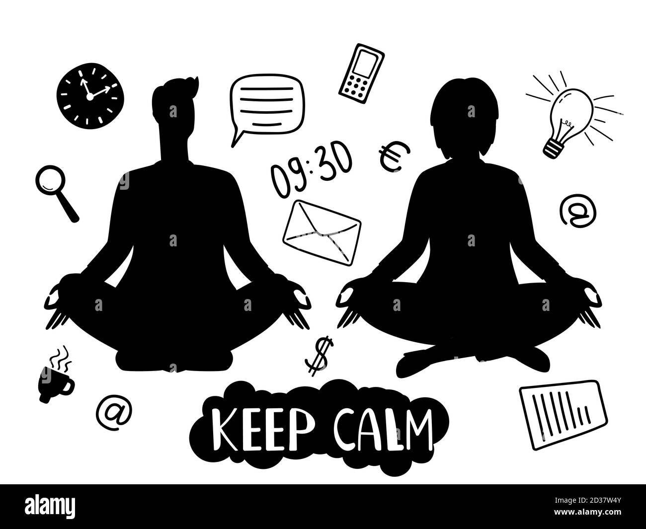 Man and woman silhouettes, meditation and keep calm vector concept with ...