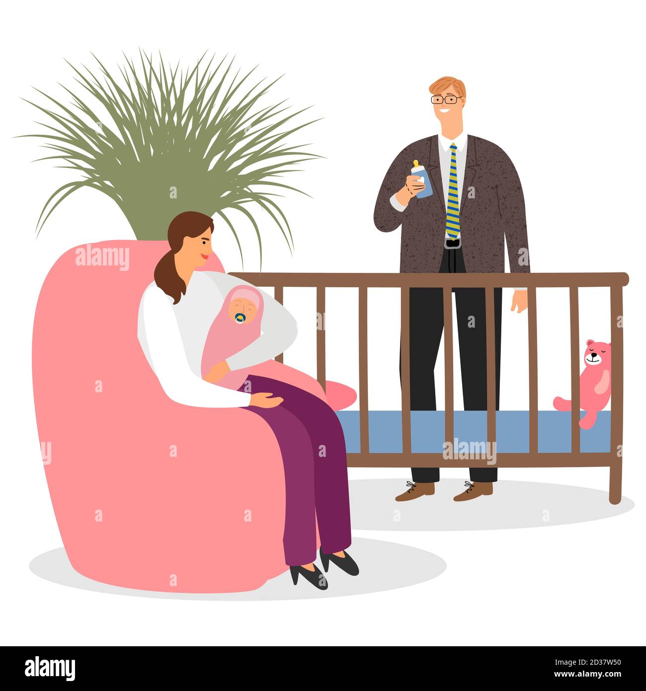 Happy parenthood vector. Mother, father, baby in in the childrens room ...