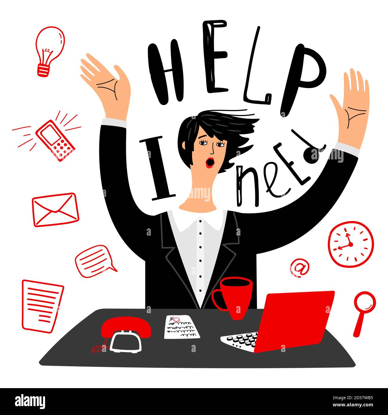 Business needs help. Vector businesswoman or secretary and time ...