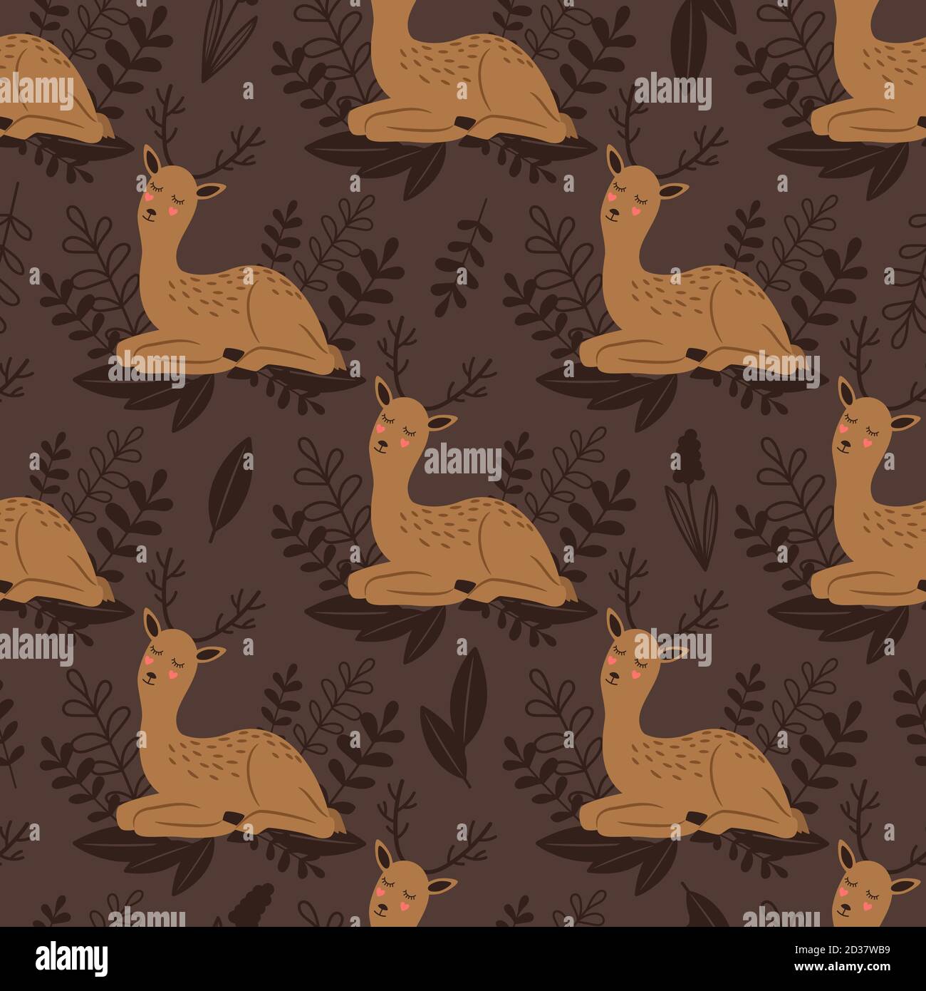 Baby deer seamless pattern. Vector cute deer and hand drawn flowers ...