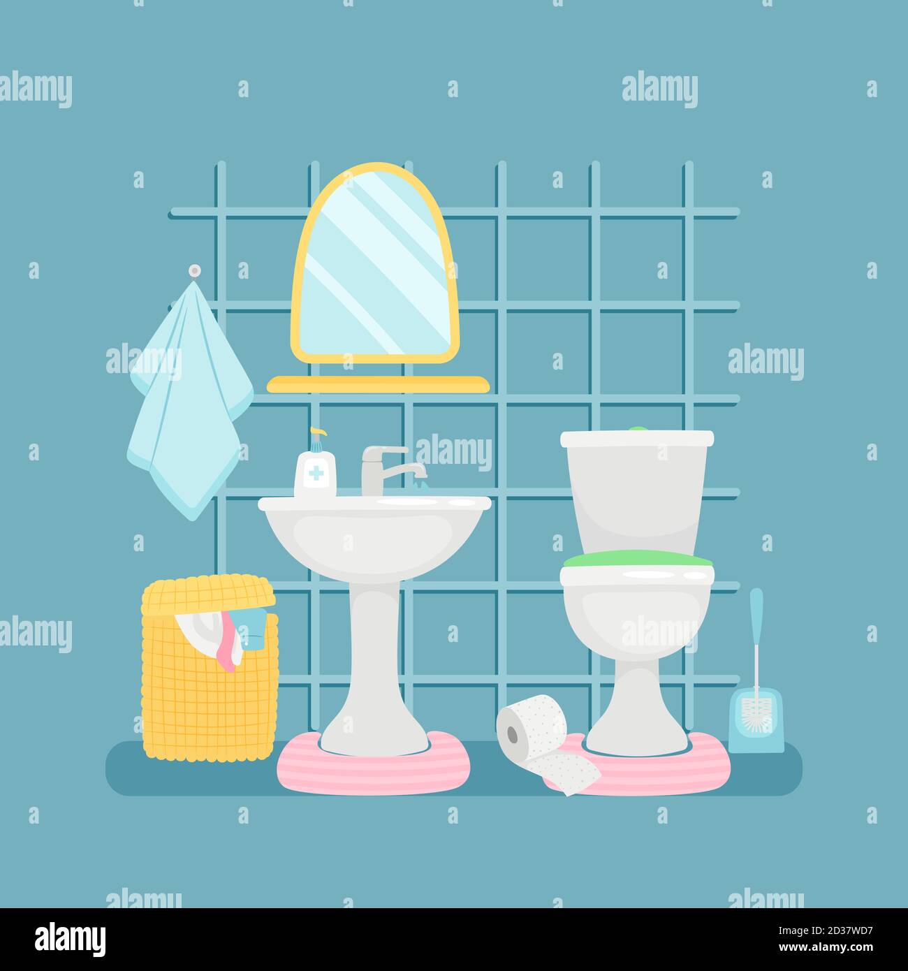Sanitary room with sink, toilette, towels vector illustration. Interior ...