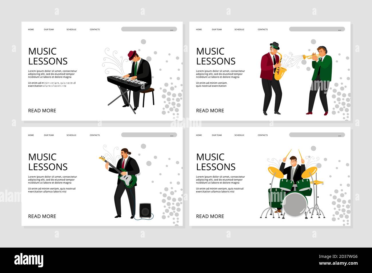Music lesson landing page. Vector musicians, pianist and saxophonists ...