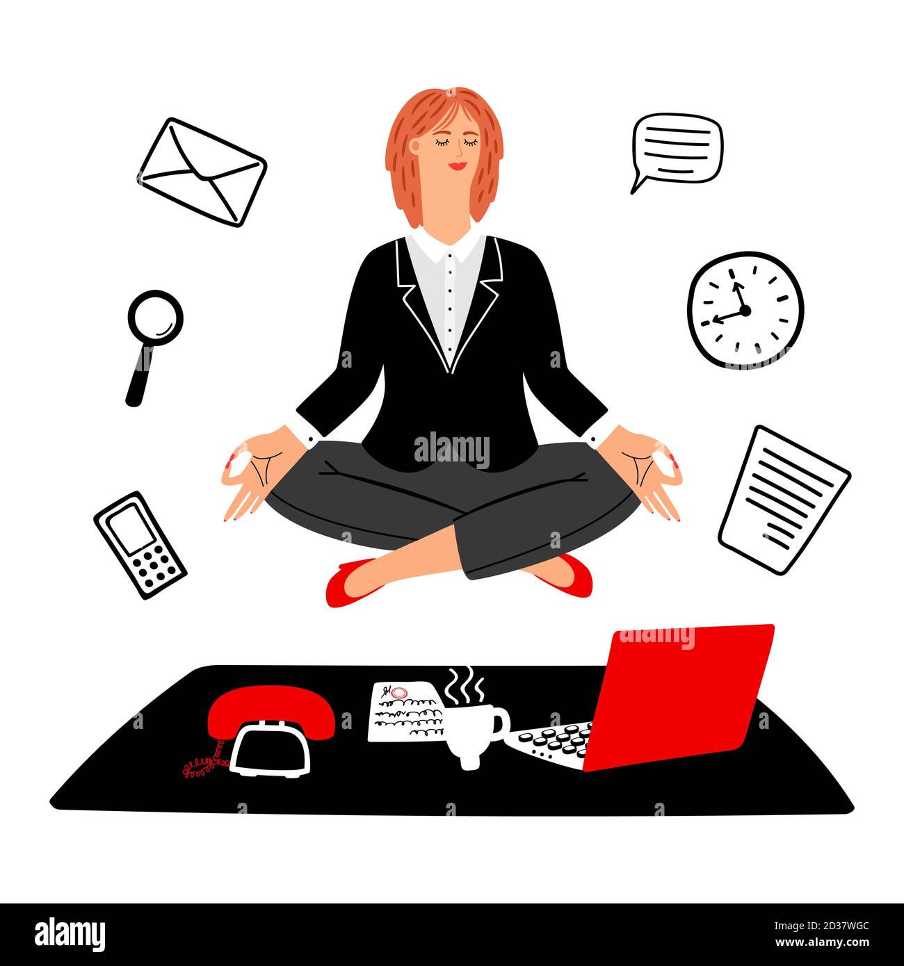 Work meditation vector concept. Businesswoman keeps calm on work place ...